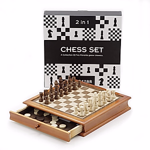 ANDSTAR 2 in 1 Wooden Chess and Checkers Board Game Set Staunton Style Pieces with Storage Drawer Combo Set Portable Table Games for Kids and Adults Travel Family Party
