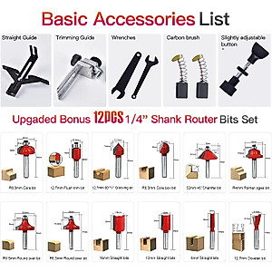 Compact Wood Palm Router Tool Hand Trimmer Woodworking Joiner Cutting Palmming Tool 30000R/MIN 650-800W 110V with 12PCS 1/4" Router Bits
