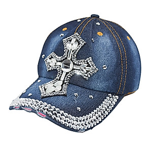 Popfizzy Cross Hat, Rhinestone Hats for Women, Bling Bling Bedazzled Baseball Caps, Distressed Denim Hat, Bejeweled Hats