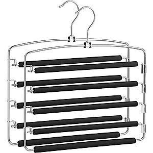 SONGMICS Pants Hangers Space Saving, 5 Layer Pants Hangers, Set of 2 Multiple Pant Hanger, Pants Organizer Hanger, Swing Arm Pants Hangers with Non-Slip Padding, Silver and Black UCRI041B02