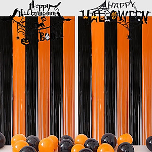 Dazzle Bright 4 Pack Backdrop Curtain, 3FT x 8FT Metallic Tinsel Foil Fringe Curtains Photo Booth Background for Baby Shower Birthday Wedding Halloween Party Decorations (Orange and Black)