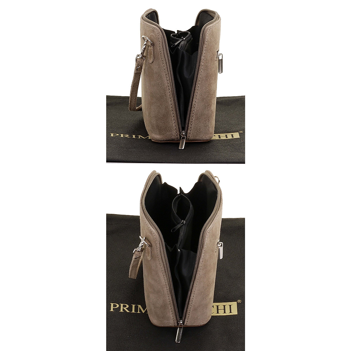 PRIMO SACCHI Ladies Italian Suede Leather Small Micro Dark Beige Crossbody Shoulder Bag Handbag Purse