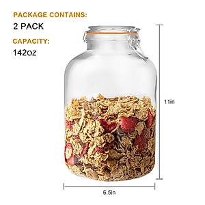 142 oz Large Glass Jars,Canning Jars With Airtight Lid And Leak Proof Rubber Gasket 4L,Mason Jars With Hinged Lids,Gallon Jars For Fermenting,Big Kitchen Canisters,Storage Containers For Food 2 Pack …