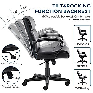 Office Chair, Leather Executive Office Chair Mid Back Soft Comfy Ergonomic Desk Chair,Swivel Rolling Task Chair,Adjustable Height& Tilt Home Office Chair with Wheels Padded Armrest,Black