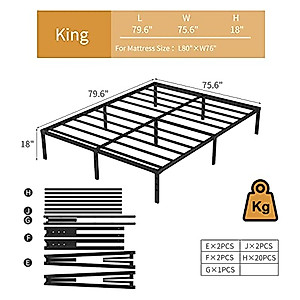 NEW JETO Metal Bed Frame-Simple and Atmospheric Metal Platform Bed Frame, Storage Space Under The Bed Heavy Duty Frame Bed, Durable King Size Bed Frame, 18 Inch, King
