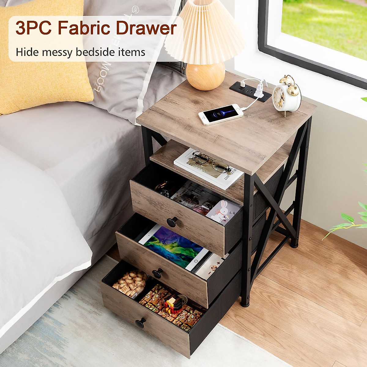 AMHANCIBLE Night Stand Set 2, LED Nightstand with Charging Station, End Side Tables with USB Port & Outlet, Bedside Table with 3 Fabric Drawers for Bedroom Living Room, Greige, HET053LGY