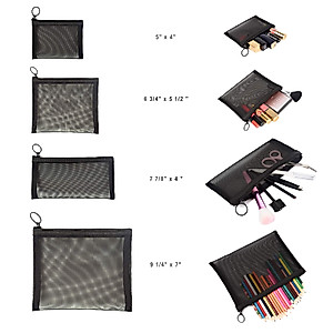 Patu Zipper Mesh Bags, Pack of 4 (S/M/L & Pencil Pouch), Beauty Makeup Cosmetic Accessories Organizer, Travel Toiletry Kit Set Storage Case, Black