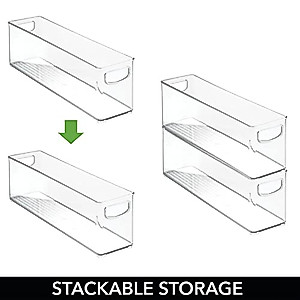 mDesign Plastic Long Stackable Storage Organizer Container, Organization Bin w/Handles for Kitchen, Pantry, Fridge, Freezer, Cabinet, Perfect to Hold Breast Milk - Ligne Collection - 4 Pack, Clear