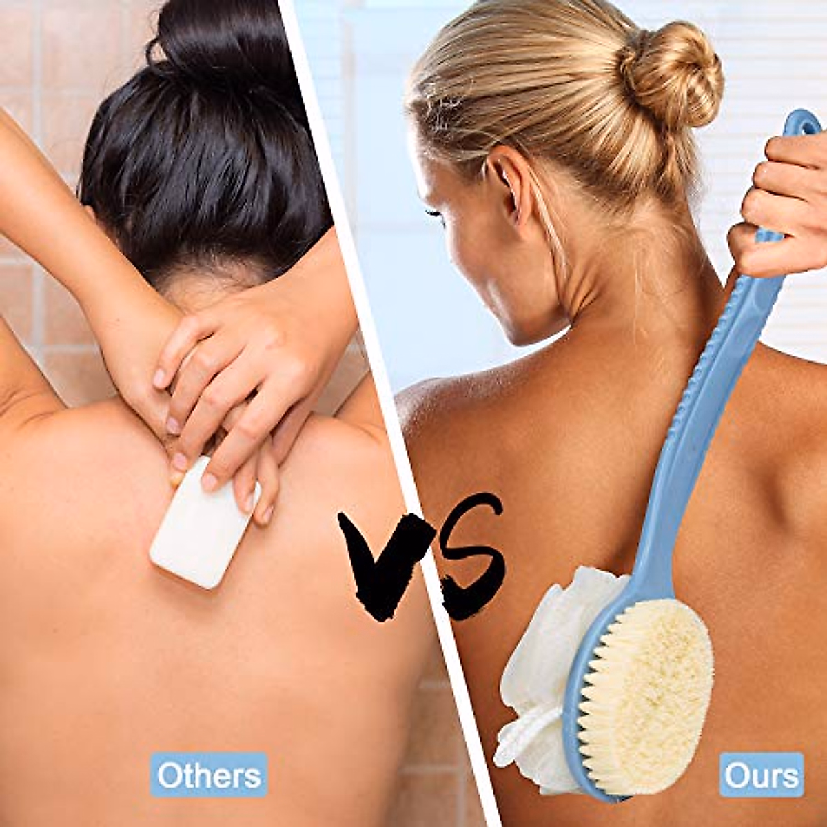 2 Pack Back Scrubber for Shower, EAONE Bath Body Brush with Bristles and Loofah, Loofah On a Stick Back Washer Mesh Sponge Long Handle Exfoliating Body Brush for Men and Women (Blue&White)