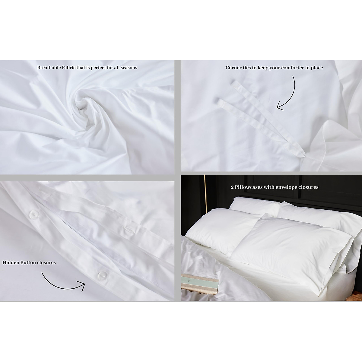 WAADI Queen Duvet Cover Set 4pcs- 100% Cotton Duvet Cover Set Includes: Duvet Cover, Fitted Sheet (Deep Pockets, fits 18in Mattress) & 2 Pillowcases (White, Queen)