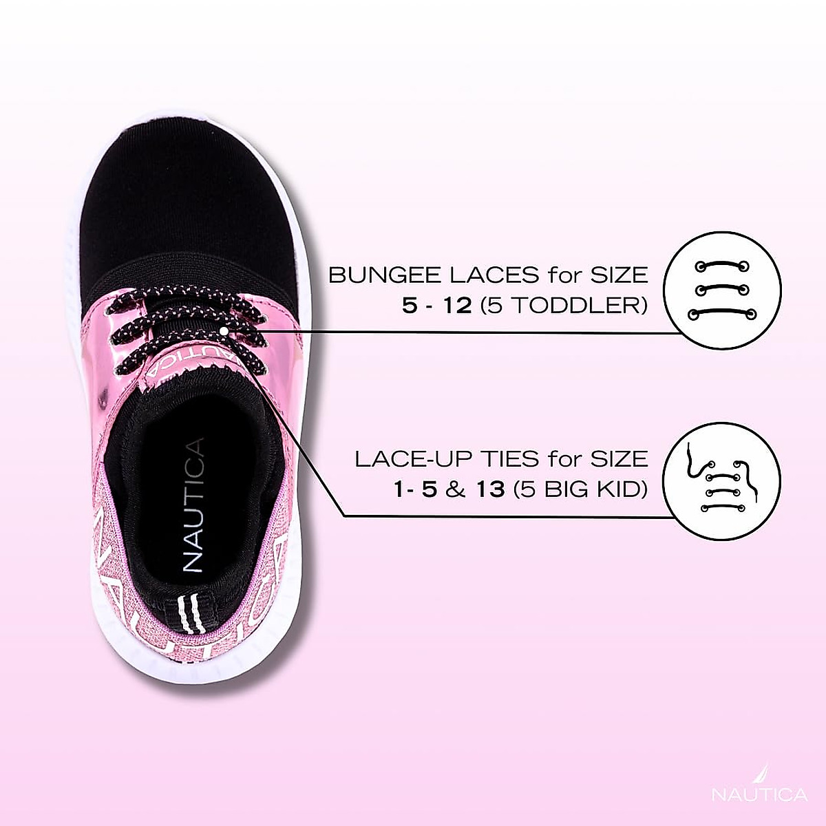 Nautica Youth Girls Athletic Fashion Lace Up Tennis Sneakers-Kappil Metallic-Pink Metallic Black Size-2