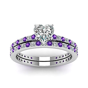 55Carat Classic Delicate Diamond Wedding Set 925 Sterling Silver Natural Amethyst Heart shape purple colorWedding Ring Sets Prong Setting in Size 7