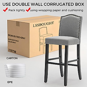 LSSBOUGHT Bar Stools Set of 2, 29 Inch Upholstered Fabric Barstool with Back Solid Wood Legs Nail Head, Bar Chairs for Home Kitchen Island Dinning Room, Grey