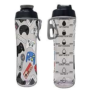 24oz Kids Tritan Water Bottle – Video Game Gamer Theme – BPA-Free, Shatterproof, Lightweight with Hourly Time Markings – Chug Cap & Carry Loop – Reusable for School, Sports & Daily Hydration