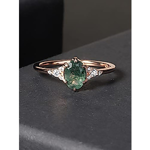 Engagement Rings Women Gifts Natural Oval Green Moss Agate Rose Gold Ring Sterling Silver women Gold Rings Moss Agate Jewelry(Size8)