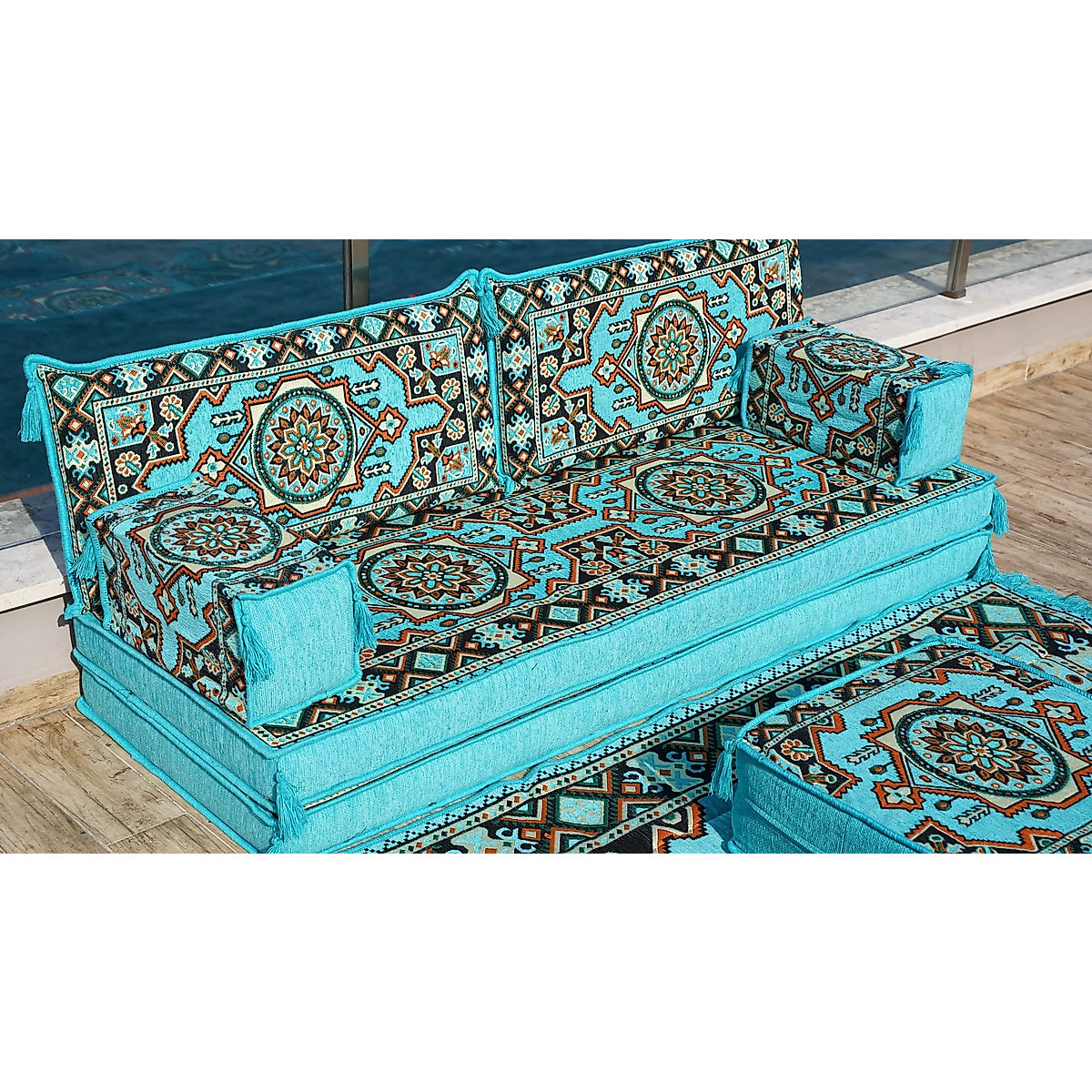 Turquoise Arabic Living Room, Moroccan Home Decor, Floor Cushion, Arabic Floor Couch, Turkish Floor Sofa, Ethnic Sofa, Arabic Sofa Seating (Sofa Full Set)