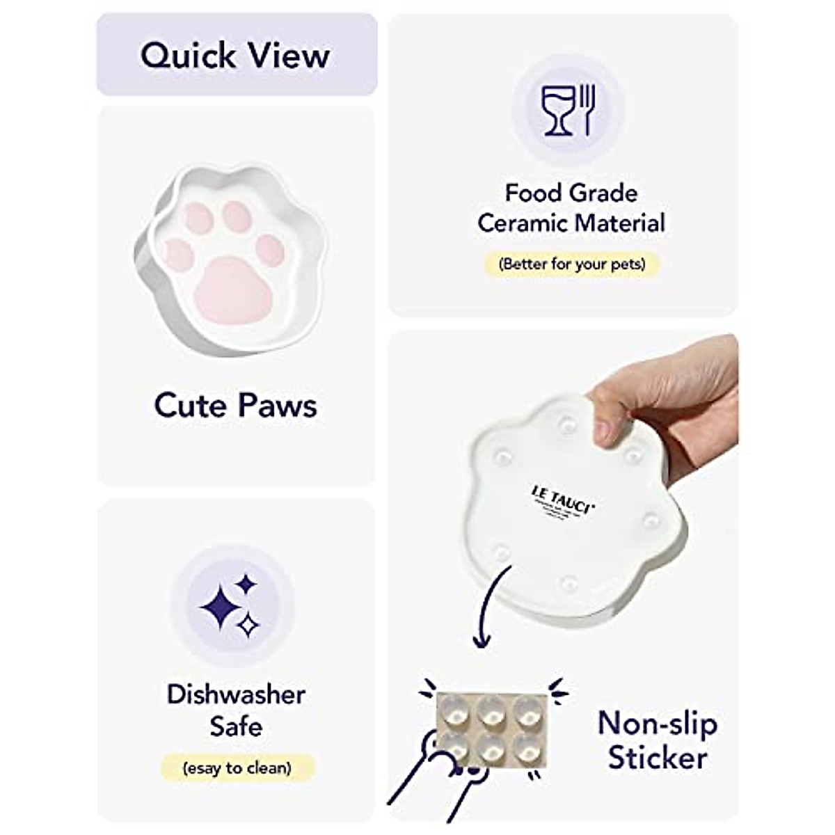 LE TAUCI Cat Food Bowl Ceramic, 8 Oz Small Shallow Cat Food Dishes for Indoor Cats, Cat Water Bowl, Relief Whisker Fatigue Cat Bowls, Cute Paw Shaped Kitten Bowls, Cat Plates, Small Animal Food Bowl