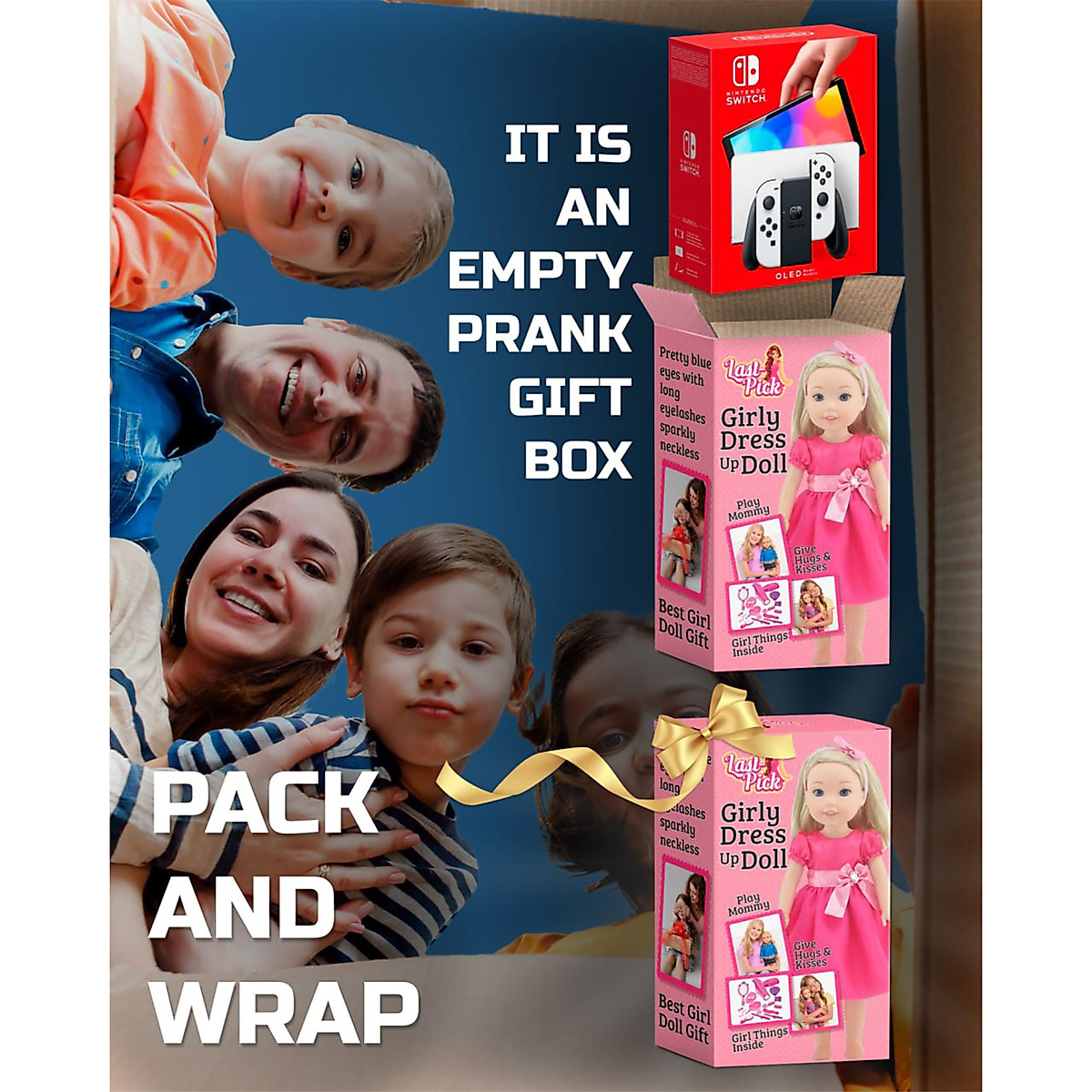 Skywin Prank Gift Box Sleeve - Fake Prank Box disguise Gift a Girly Dress-Up Doll for adults or kids - Novelty Gag Gift Box for Pranksters (Doll)