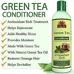 OKAY | Green Tea Nourishing Antioxidant Rich Conditioner | For All Hair Types & Textures | Revitalize - Rejuvenate - Restore | With Tea Tree Oil | Free of Paraben, Silicone, Sulfate | 12 oz , pale green
