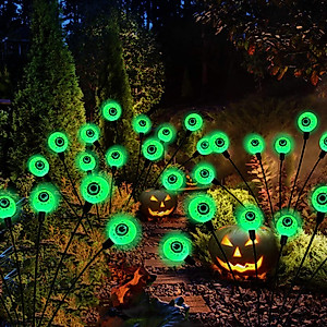 2 Packs Solar Halloween Eyeball Lights Outdoor 20LED Scary Eyeball Swaying Firefly Lights Waterproof Solar Halloween Path Lights for Path, Yard, Lawn, Garden, Landscape, Halloween Party (Green)