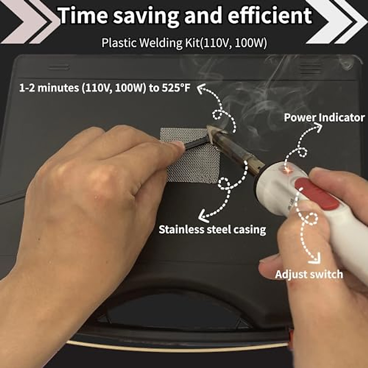 Plastic Welder, 110V/100W Plastic Welding Kit, Plastic Soldering kit for Bumper Kayak Repair-With 100 Rods,3 Tips,6 Wire Mesh,1 Volume Tin Wire,2 Sandpaper,1 Stand,1 Metal Brush,1 Screwdriver (White)