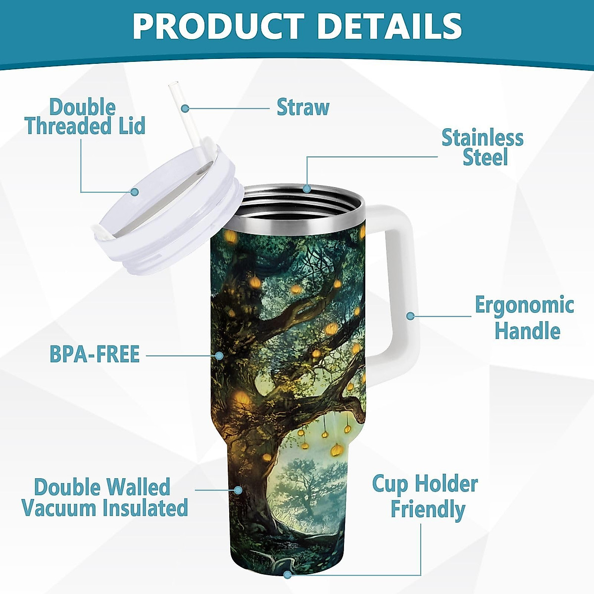 Jihqo Fairy Tales Glowing Tree 40 oz Stainless Steel Vacuum Insulated Tumbler with Handle and Straw Lid, Leakproof Water Bottle Double Wall Travel Mug Coffee Cup, Cupholder Friendly