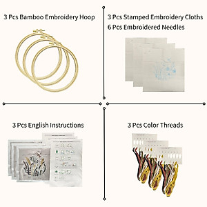 Embroidery Starter Kit Beginners- 3 Pack Cross Stitch Kits with Cute Flowers and Plants Patterns with Embroidery Hoop and Color Threads for Adults Kids