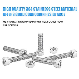 DYWISHKEY 50 Pieces M8 x 30mm/35mm/40mm/45mm/50mm Stainless Steel 304 Hex Socket Head Cap Bolts and Nuts Kit