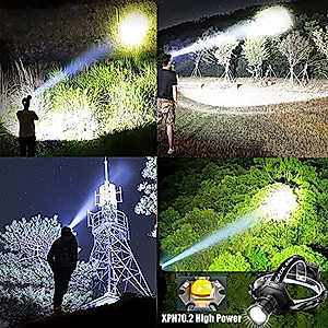 LED Rechargeable Headlamp 90000 High Lumen, XPH70 Brightest LED Work Headlight Zoomable, Waterproof, 90° Adjustable, 5 Modes Lightweight Head Lamp for Adult Camping, Hard Hat, Hunting