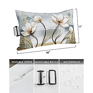 Recliner Head Pillow Ledge Loungers Chair Pillows with Insert White Tulip Flower Butterfly Vintage Postcard Lumbar Pillow with Adjustable Strap Outdoor Waterproof Patio Pillows for Beach Pool, 2 PCS