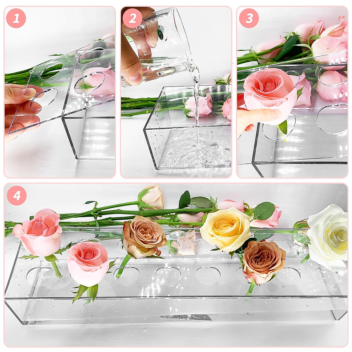 4Pcs Acrylic Flower Vase with 16 Holes,(15.8*4*2.4inch)Decorative Long Clear Vase Modern,Rectangular Acrylic Vases for Wedding Centerpiece Votives Box for Dining Table Reception Home Party Decorations
