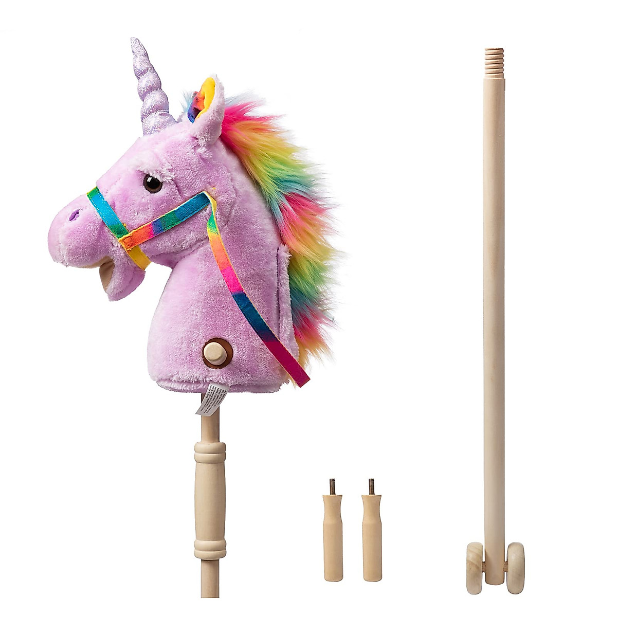 HollyHOME Unicorn Stick Horse Handcrafted Hobby Horse on a Stick with Wood Wheels Real Pony Neighing and Galloping Sounds Plush Unicorn Toy Purple 36 Inches(AA Batteries Required)