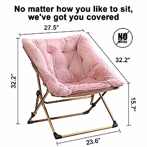 OAKHAM Comfy Saucer Chair for Adults, Soft Faux Fur Folding Lounge Chair for Bedroom Living Room Dorm Rooms Flexible Reading Chair for Teens Kids, X-Large Foldable Chair (Faux Fur-Pink)
