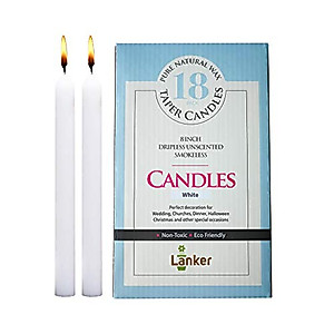 LANKER 18 Pack Taper Candles – 8 Inch Dripless Unscented Smokeless Candles – 6.5 Hours Burning Time - Decoration for Wedding, Churches, Dinner, Halloween and Christmas (White)