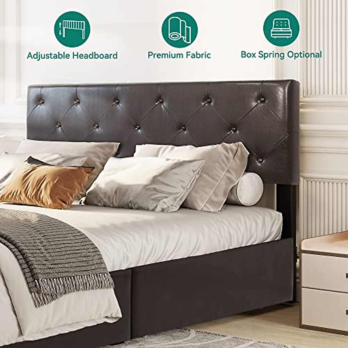 YITAHOME Upholstered Bed Frame with 4 Storage Drawers and Adjustable Headboard, Queen Bed Frame Mattress Foundation with Sturdy Wood Slat Support, No Box Spring Needed, Brown (Queen)