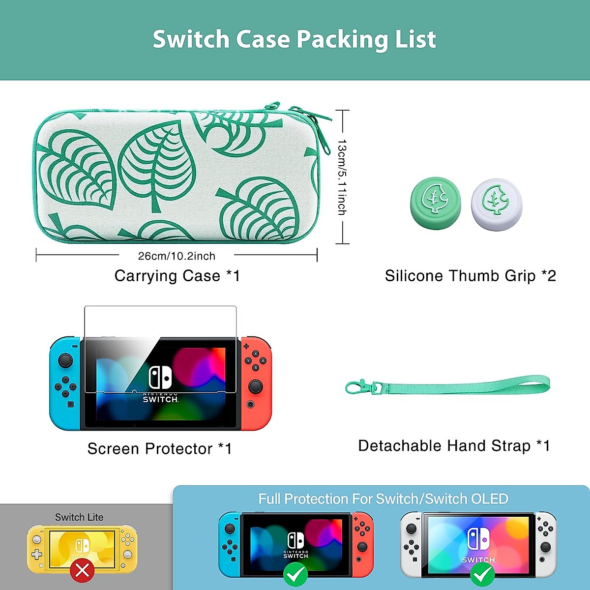 JINGDU Carrying Case for Switch, 4 in 1 Protective Storage Bag Set with Game Card Slots for Leaf Crossing Switch Console include Screen Protector & Thumb Grips & Hand Strap