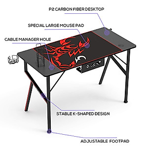 EE EUREKA ERGONOMIC Gaming Desk 47 Inch, Small Gaming Computer Desk Table for Small Space Gamer Desk with Mouse Pad Headset Hook Cup Holder Controller Stand, Black