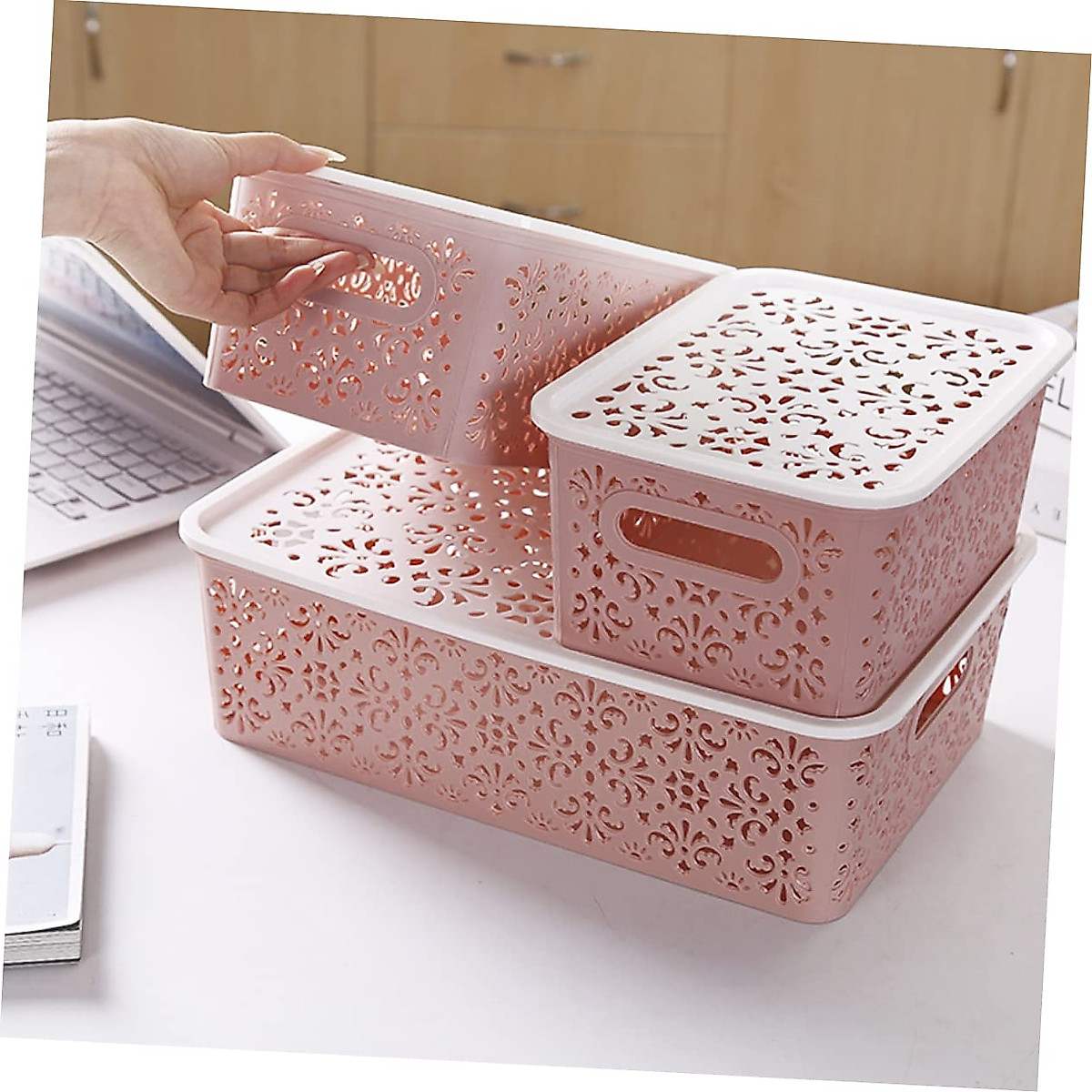 NOLITOY Box Wicker Storage Basket Closet Storage Bins Desktop Storage Basket Laundry Hamper Organization Baskets Drawer Organizer Drawers for Clothes Stackable Drawers Container Hollow