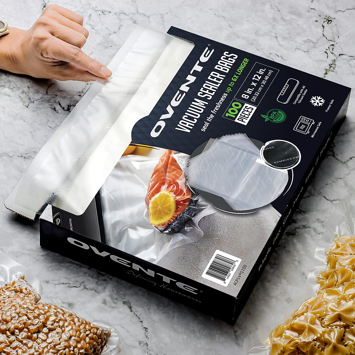 OVENTE Pre-Cut 100 pcs Vacuum Sealer Bags 8” x 12” Works with all Vacuum Sealer Machine, Heavy Duty, BPA-Free for Airtight Food Storage, Meal Prep, Sous Vide, Microwave and Freezer Safe ACPSVPQ100