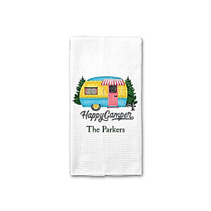 CANARY ROAD Happy Camper Waffle Weave Dish Towel | Personalized Kitchen Towel | Travel Trailer Gift | Camper Accessories | Personalized Dish Towel | Camper Decor