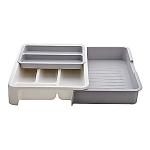 HornTide 3-in-1 Cutlery Tray Expandable Utensils Holder Plastic Kitchen Drawer Organizer for Silverware Storage and More - Gray