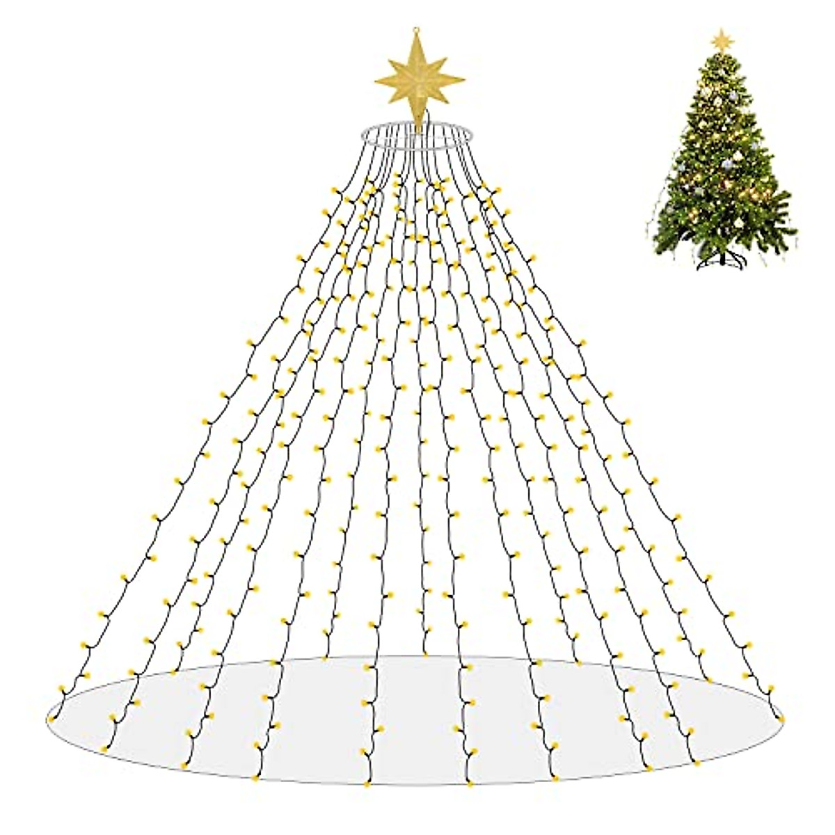 Christmas Tree Light with Star Topper, 10.5ft x15 Lines String Lights, 322 LED Christmas Curtain Fairy Lights with 8 Lighting Modes, for Xmas Tree Indoor Outdoor Party Garden Decor, Warm White