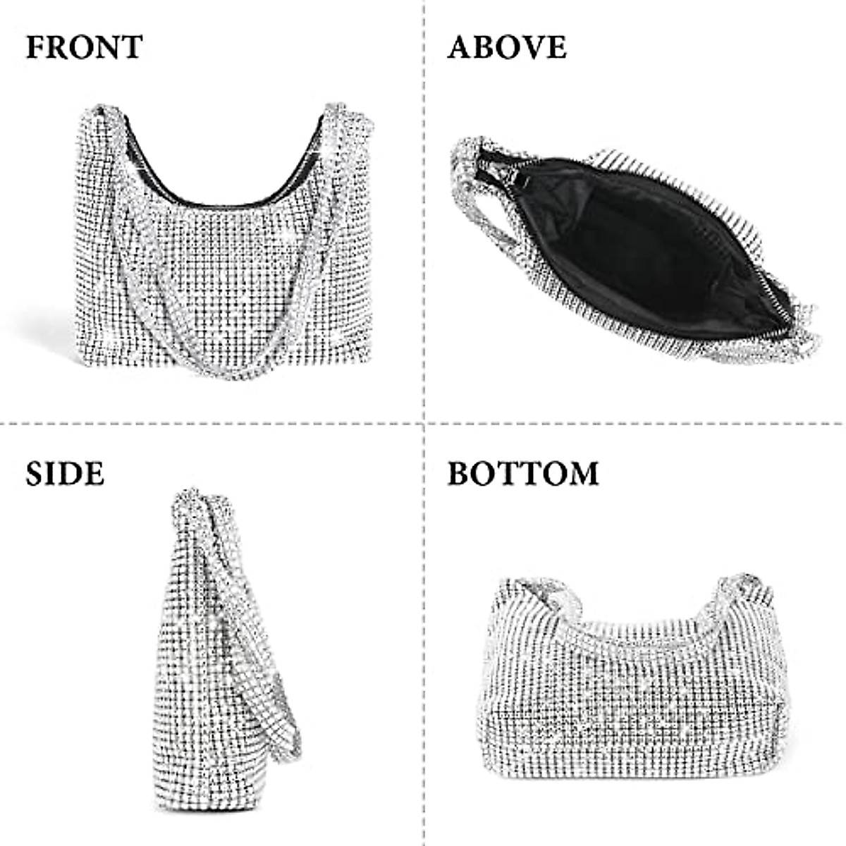 OSDUE Rhinestones Evening Bag, Full Rhinestone Bucket Bag, Glitter Evening Bag, Crystal Zipper Shoulder Bag for Wedding, Party, Club, Prom, Casual Date (Silver)