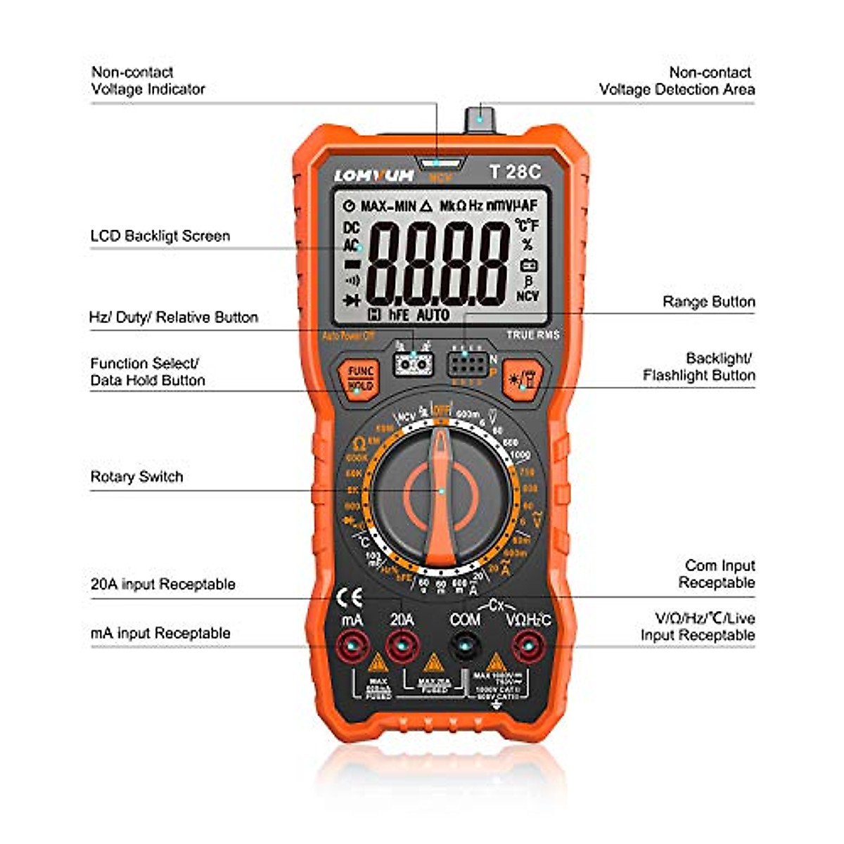 Digital Multimeter, LOMVUM TRMS 6000 Counts Electrical Tester AC/DC Amp Ohm Voltage Tester Meter with Temperature Frequency Resistance Continuity Capacitance Diode and Transistor Test