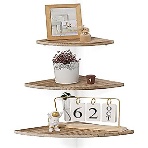 Amy Dceom Rustic Wood Corner Wall Shelves Set of 3, Wall Mount Solid Wood Floating Corner Shelves for Bedroom, Living Room, Bathroom, Kitchen (Natural)
