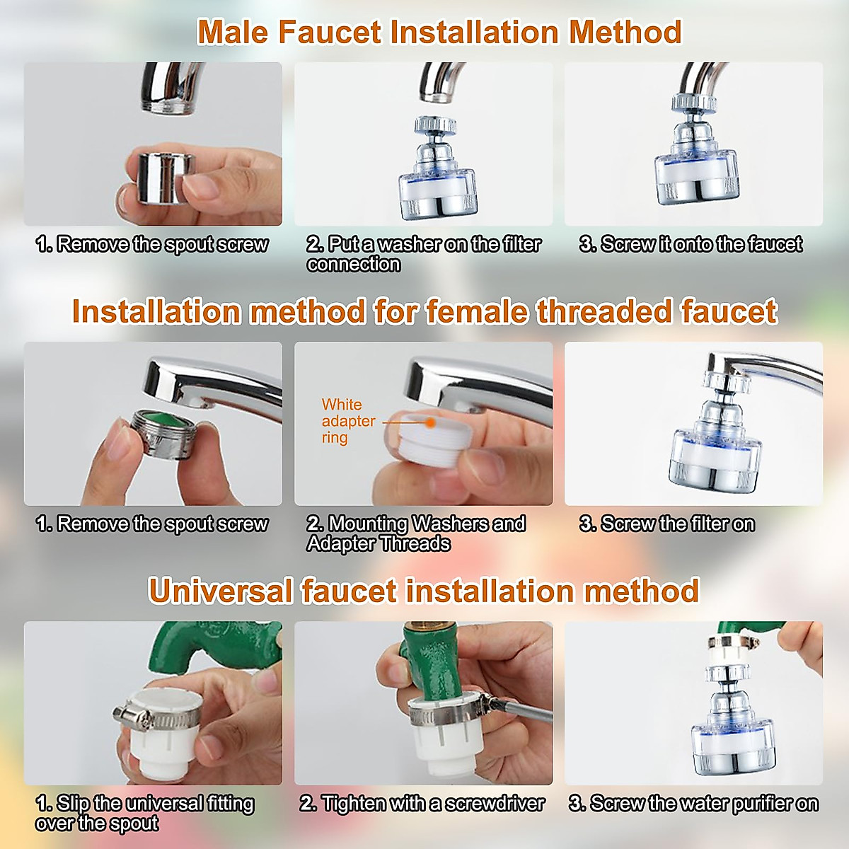 3 Pack Sink Water Filter Faucet, Universal 360 ° Rotating Kitchen Faucet Water Purifier, Bathroom Faucet Filter Removes Chlorine Fluoride Heavy Metals Hard Water for Home Kitchen & Bathroom