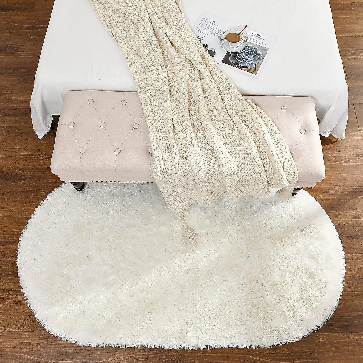 Softlife Fluffy Rugs for Bedroom, Shag Cute Area Rug for Girls/Boys and Kids Baby Room Home Decor, 2.6 x 5.3 Feet Oval Indoor Carpet for Nursery Dorm Living Room, Creamy