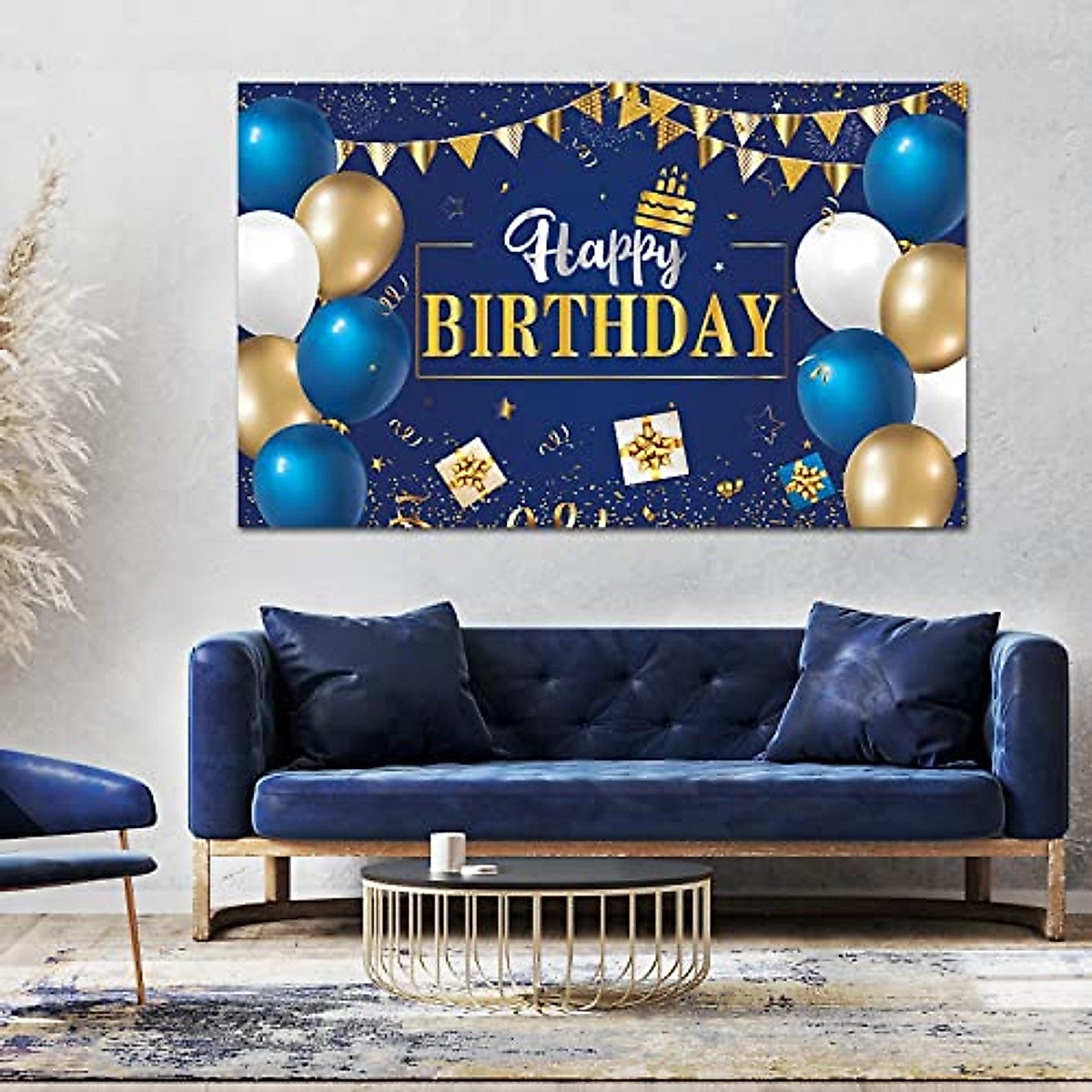 Rubfac Navy Blue Birthday Decorations Happy Birthday Backdrop with 70pc Navy Blue Gold and White Balloon Garland Kit Photo Backdrop Background for Birthday Party Decoration Supplies