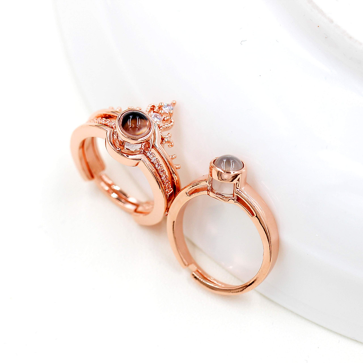 I Love You 100 Languages Projection Ring Couples Wedding Band Crown Tiara Engagement Promise Rings for Him and Her (Rose Gold & Crown)