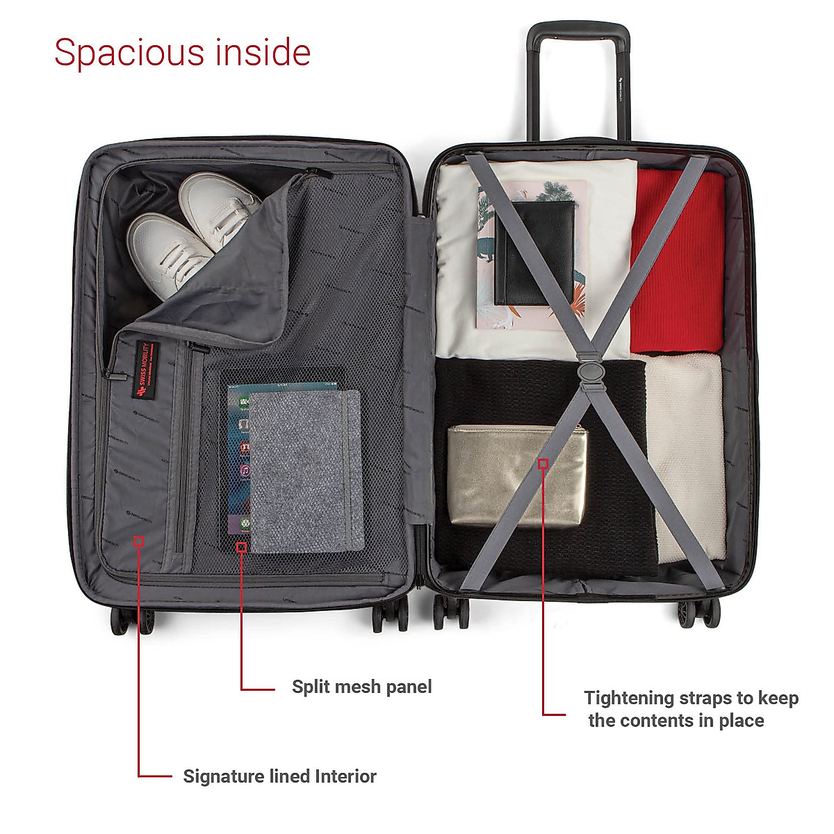 Swiss Mobility LAX Collection 3 Piece Hard Shell Luggage Set, Expandable Suitcases with 360-Degree Spinner Wheels, Retractable Handle, 20 Inch Carry On, 24 Inch Mid-size, 28 Inch Large Bags, Blue